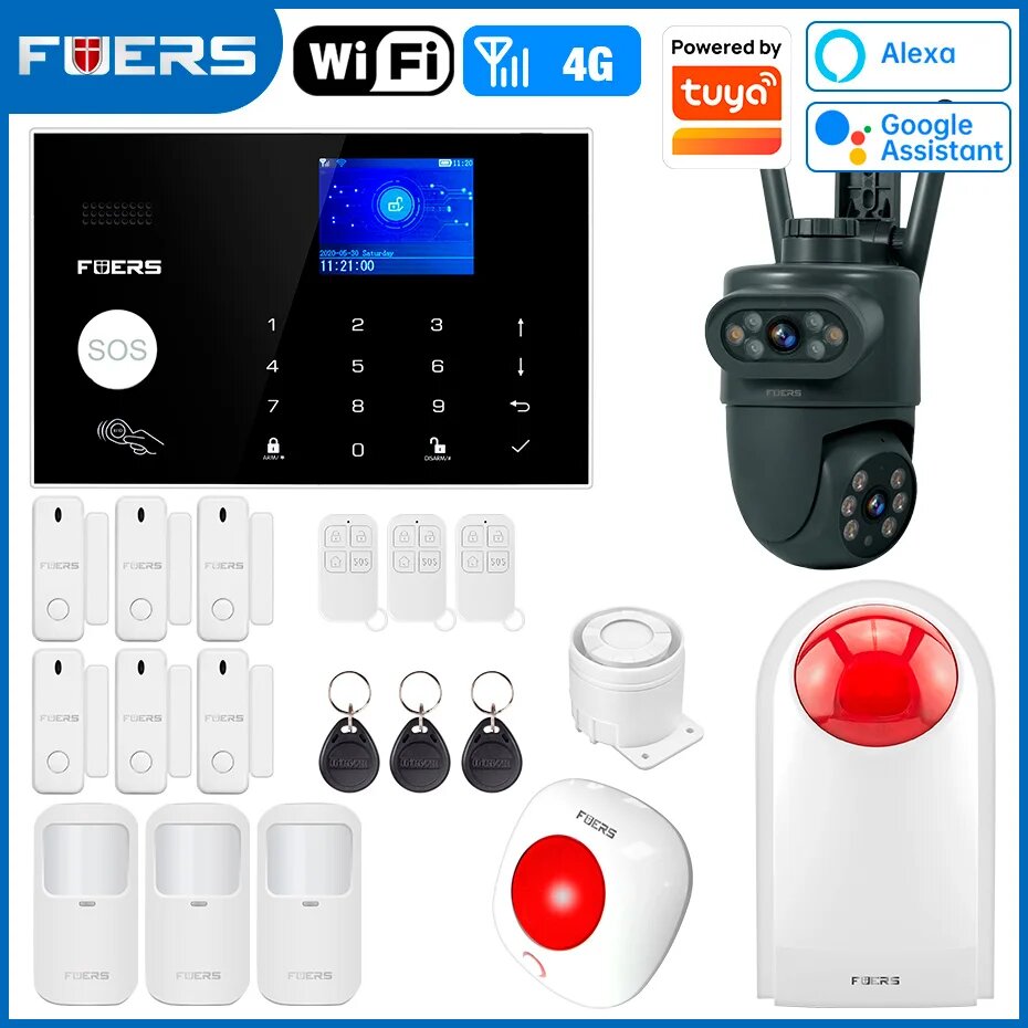 FUERS Tuya Smart WIFI 4G Система тревог Беспроводная домашняя охранная система сигнализации Камера Детектор движения Датчик дыма-G34 Набор сигнализации 4G 6