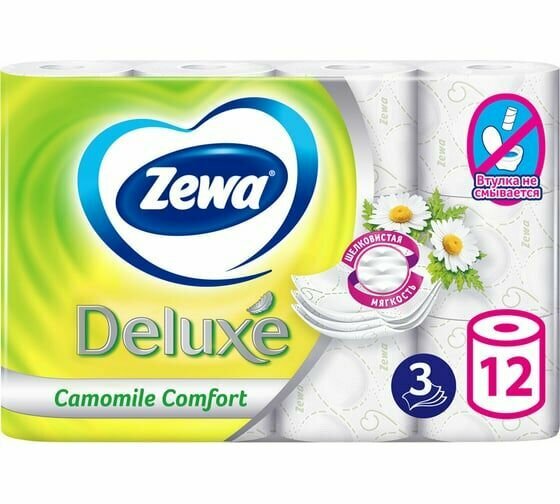 Туалетная бумага ZEWA Deluxe 3-х слойная, 12 рулонов, 12x18 м, с ароматом ромашки 53613 114753