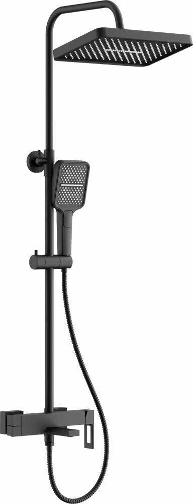 Душевая стойка BELZ B658 B24658-7 со смесителем, черная, матовая, душевая система с тропическим душем, с изливом, с лейкой, латунная, рычаг сбоку