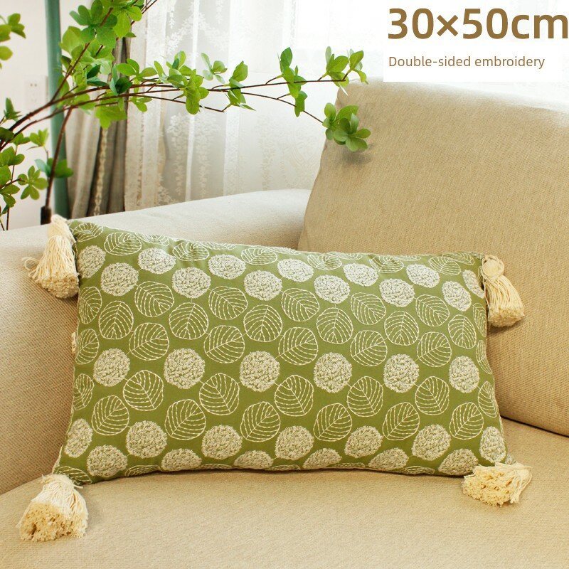 Зеленая подушка 30x50 см с двусторонней вышивкой и вставкой, современный декор