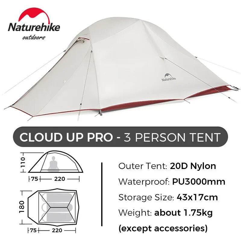 Палатка Naturehike Cloud Up Pro ультralегкая для 1-2 человек, 20D, водонепроницаемая, для туризма, походов, байкинга, рыбалки - 3P - Серый - 20D