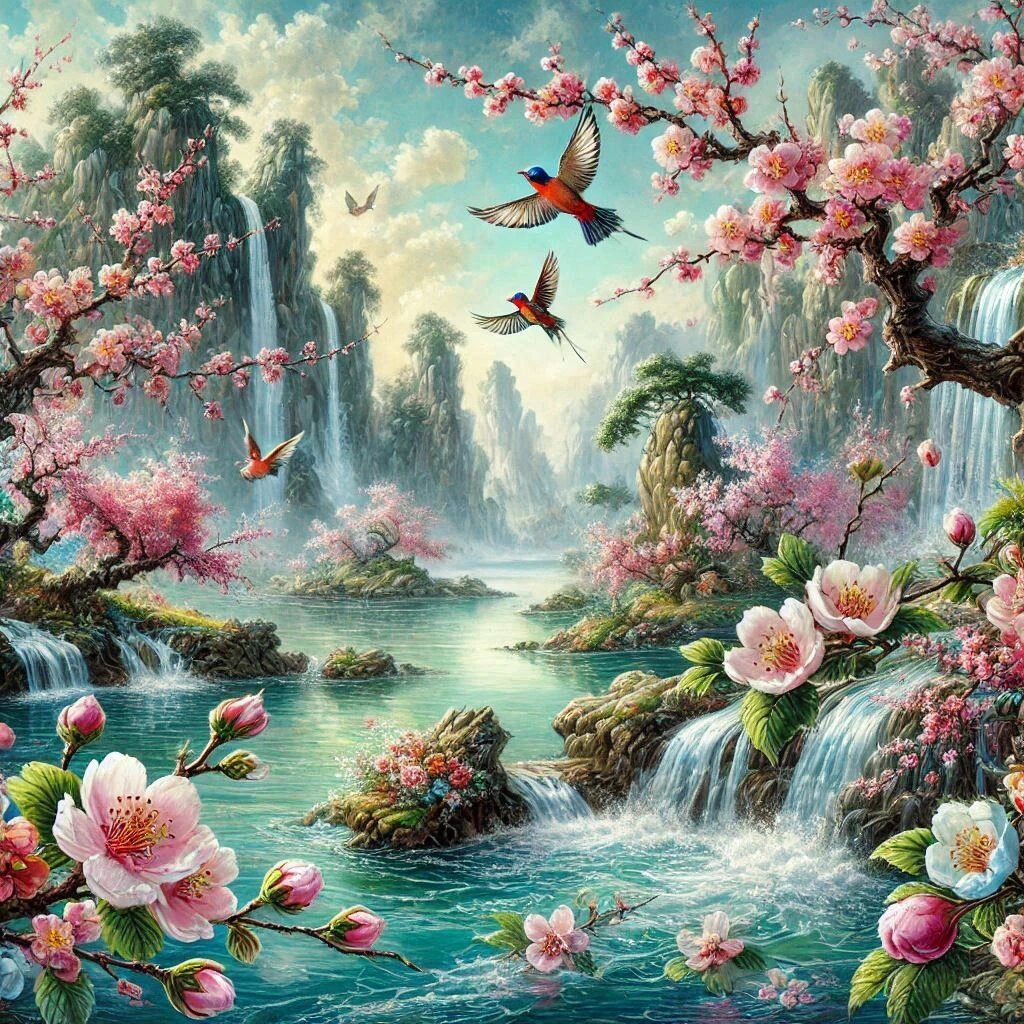 Алмазная вышивка "Горный водопад и цветы", 40x40 см, Full Square