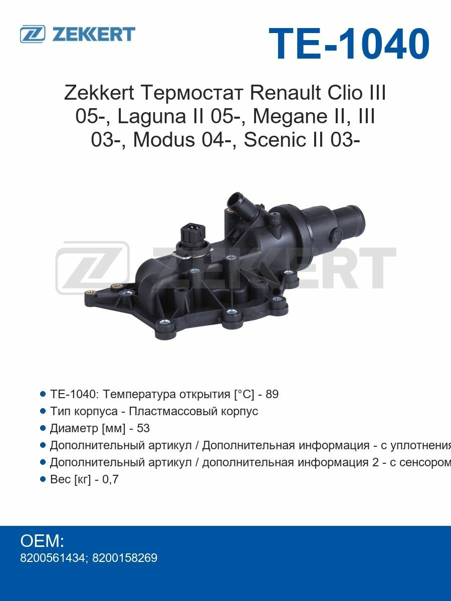 Zekkert Термостат Renault Clio III 05-, Laguna II 05-, Megane II, III 03-, Modus 04-, Scenic II 03-