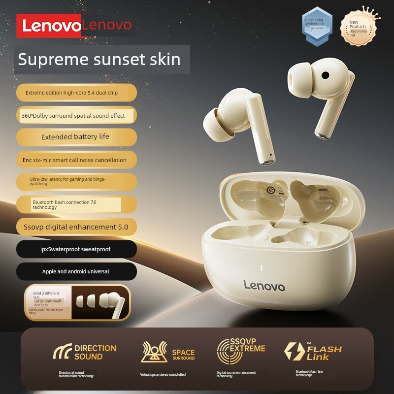 Lenovo Наушники вкладыш с Bluetooth 2025 Bluetooth 5.4 двойной чип 3D звук комфортная посадка шумоподавление ENC