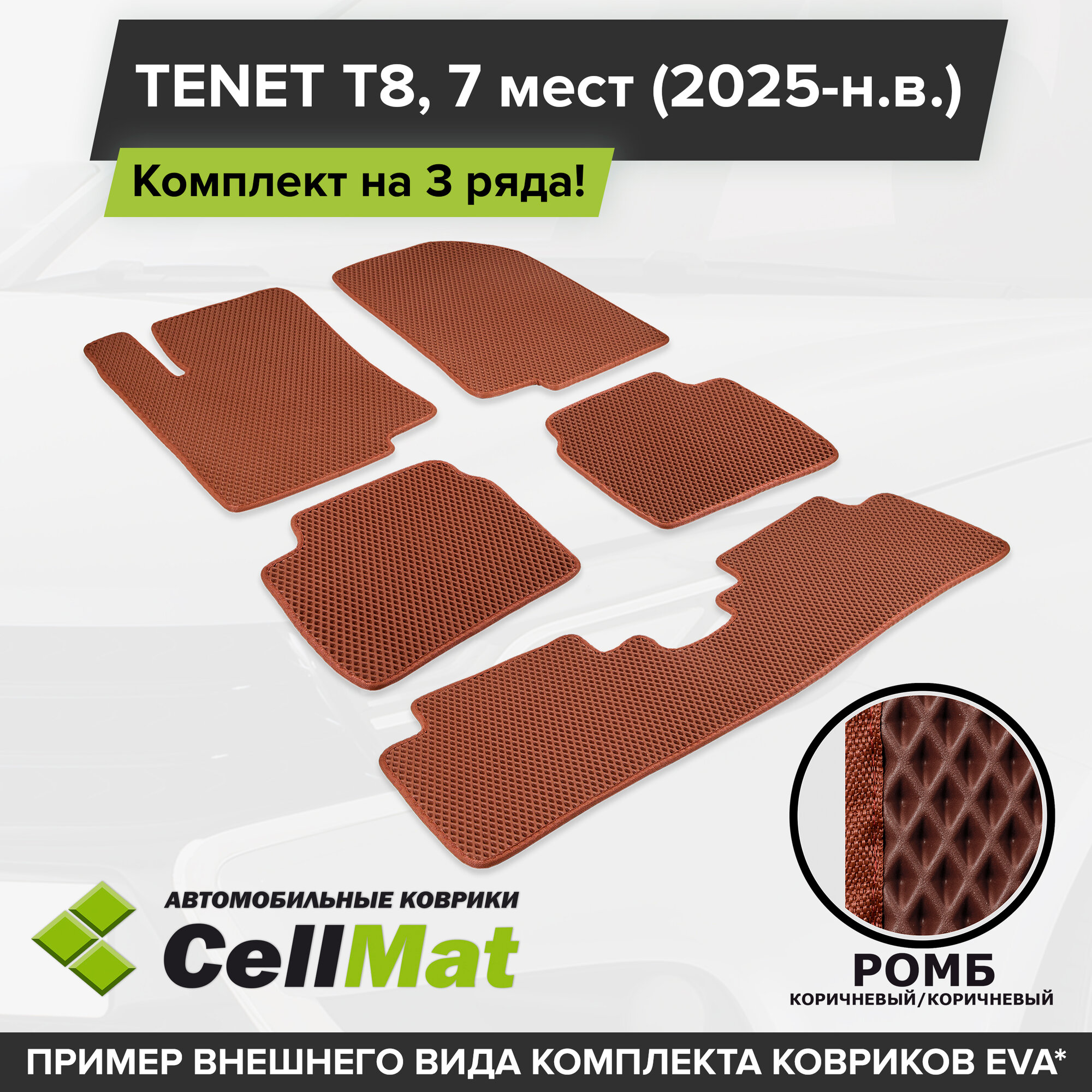 ЭВА ЕВА EVA коврики CellMat в салон на 3 ряда для TENET T8, тенет Т8, 7-ми местный, 2025-н. в.