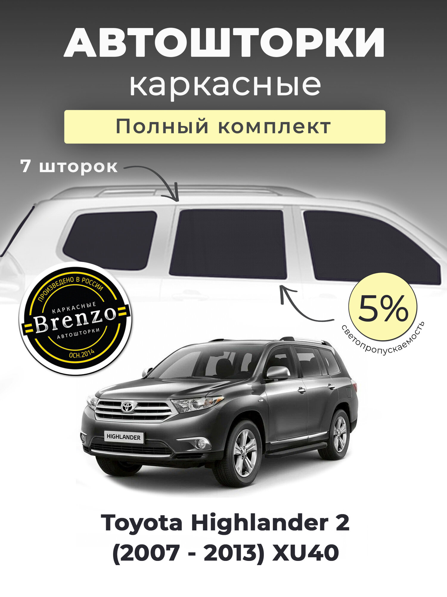 Каркасные шторки Toyota Highlander 2 (2007 - 2013) XU40 полный комплект 5%, сетки от солнца в машину