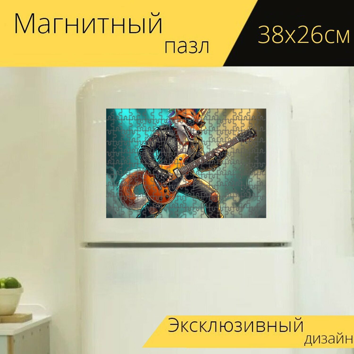 Магнитный пазл "Лис-рокер с гитарой на сцене. Яркая цифровая иллюстрация: антропоморфный лис в кожаной куртке и очках играет на электрогитаре под." для интерьера, 38х26 см.