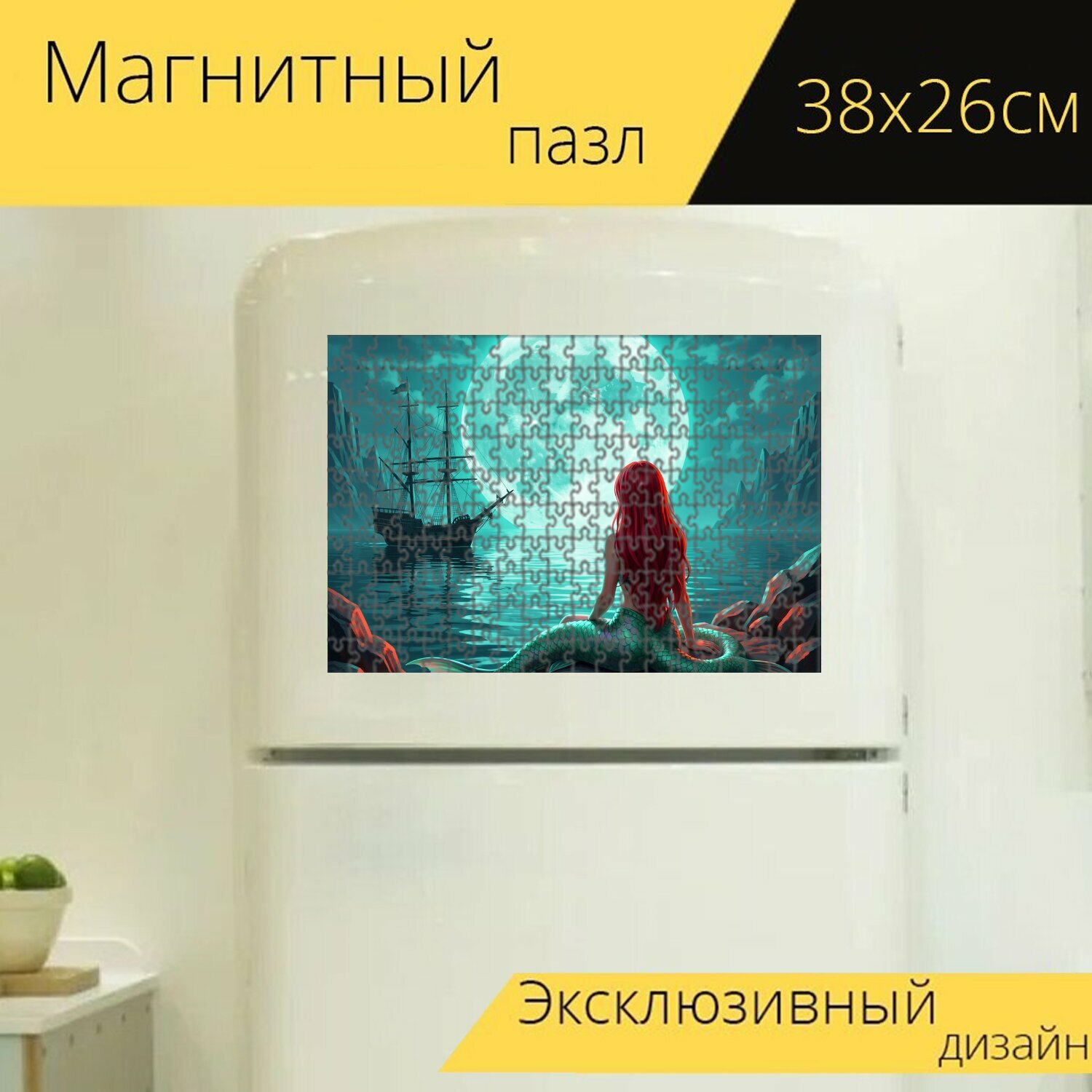 Магнитный пазл "Русалка у лунного моря. Фэнтезийная морская сцена с красноволосой девушкой-русалкой на скалах, парусником и огромной светящейся луной над." для интерьера, 38х26 см.