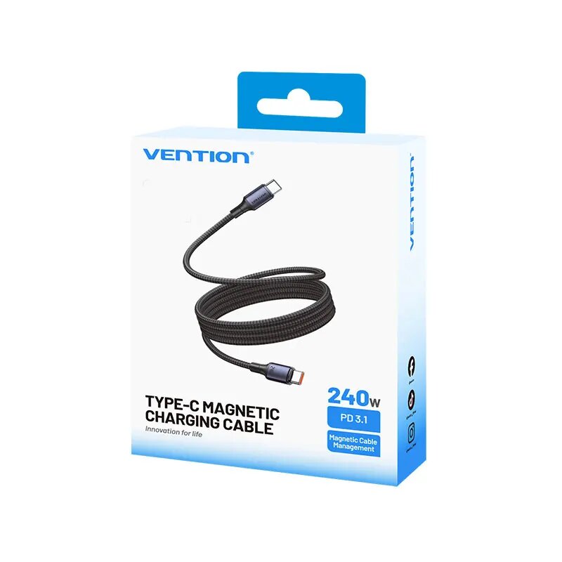 Кабель Vention 240W USB-C магнитный, Type-C на Type-C, PD3.1, для быстрой зарядки 1 м, 240W Black