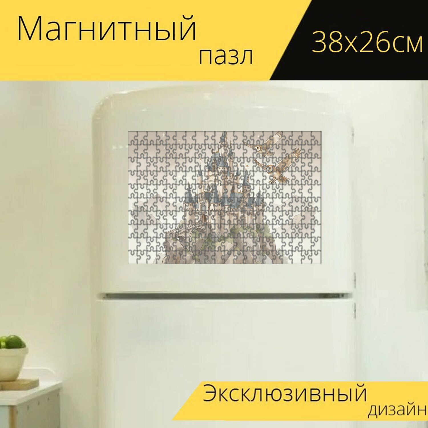 Магнитный пазл "Сказочный замок в горах. Воздушная иллюстрация с величественным дворцом на скале, арочным мостом, парящими совами и мерцающими звёздами." для интерьера, 38х26 см.