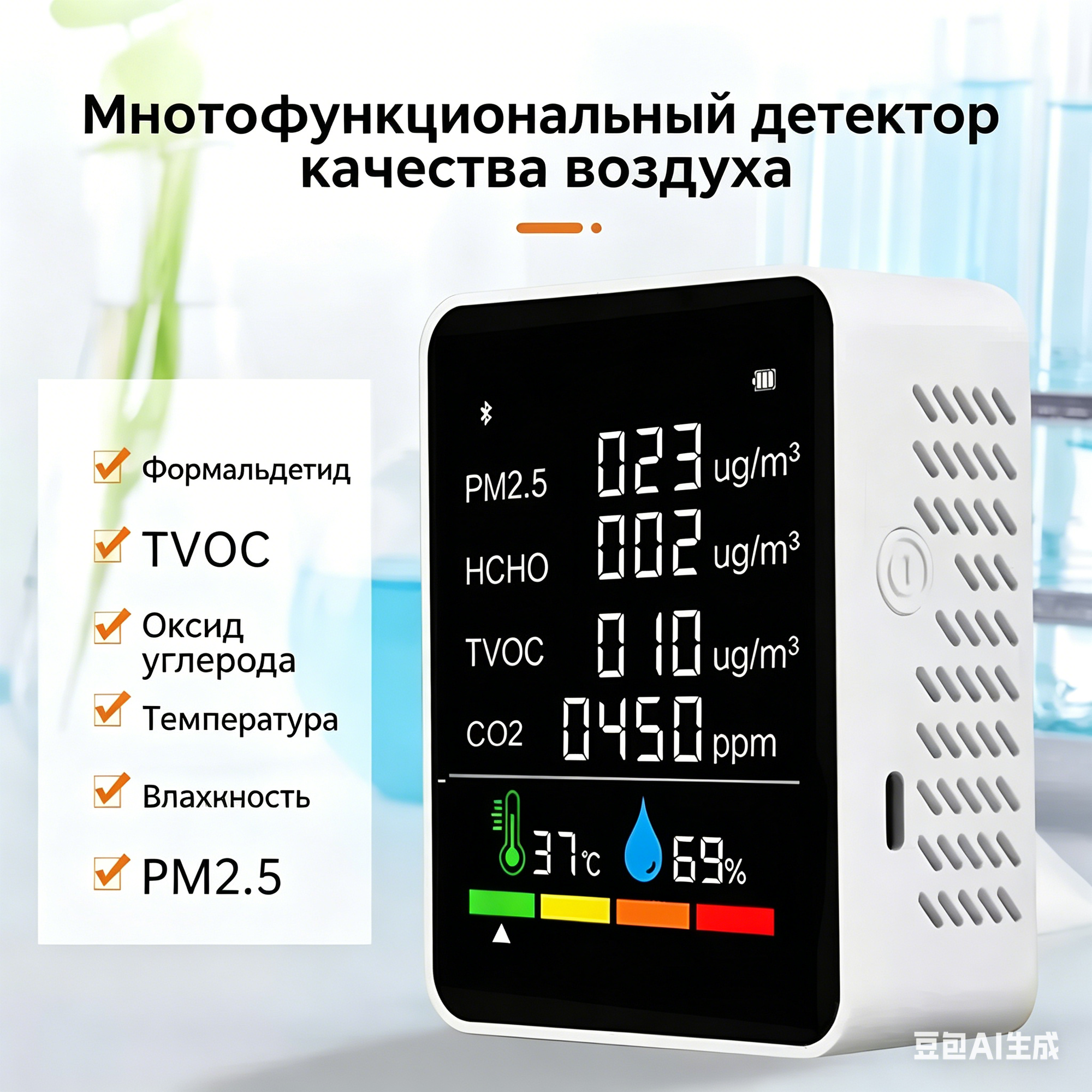 Монитор качества воздуха 6 в 1. Детектор СО2, угарного газа CO, пылевых частиц PM2.5 и PM10, HCHO