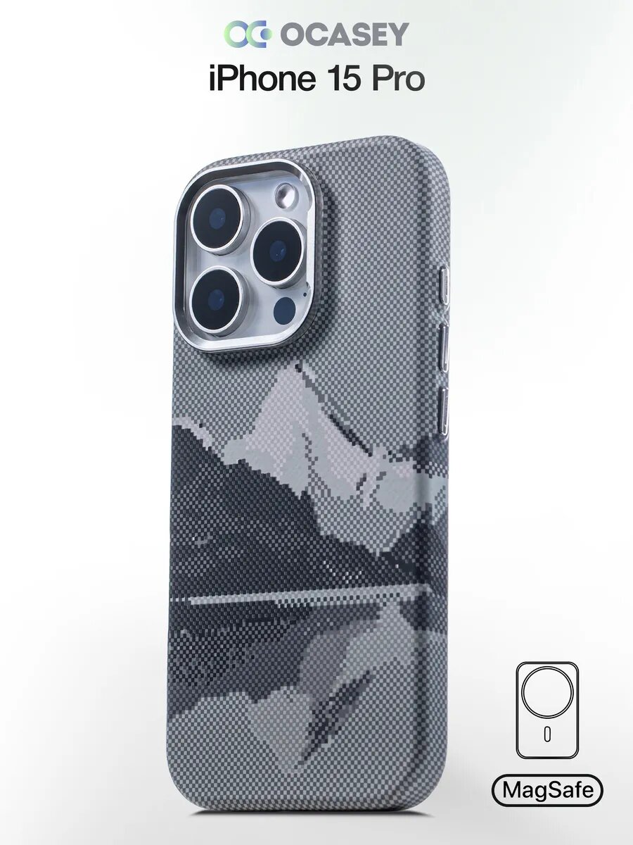 Чехол О'кейси, для iPhone 15 Pro, MagSafe, карбоновое покрытие, серый