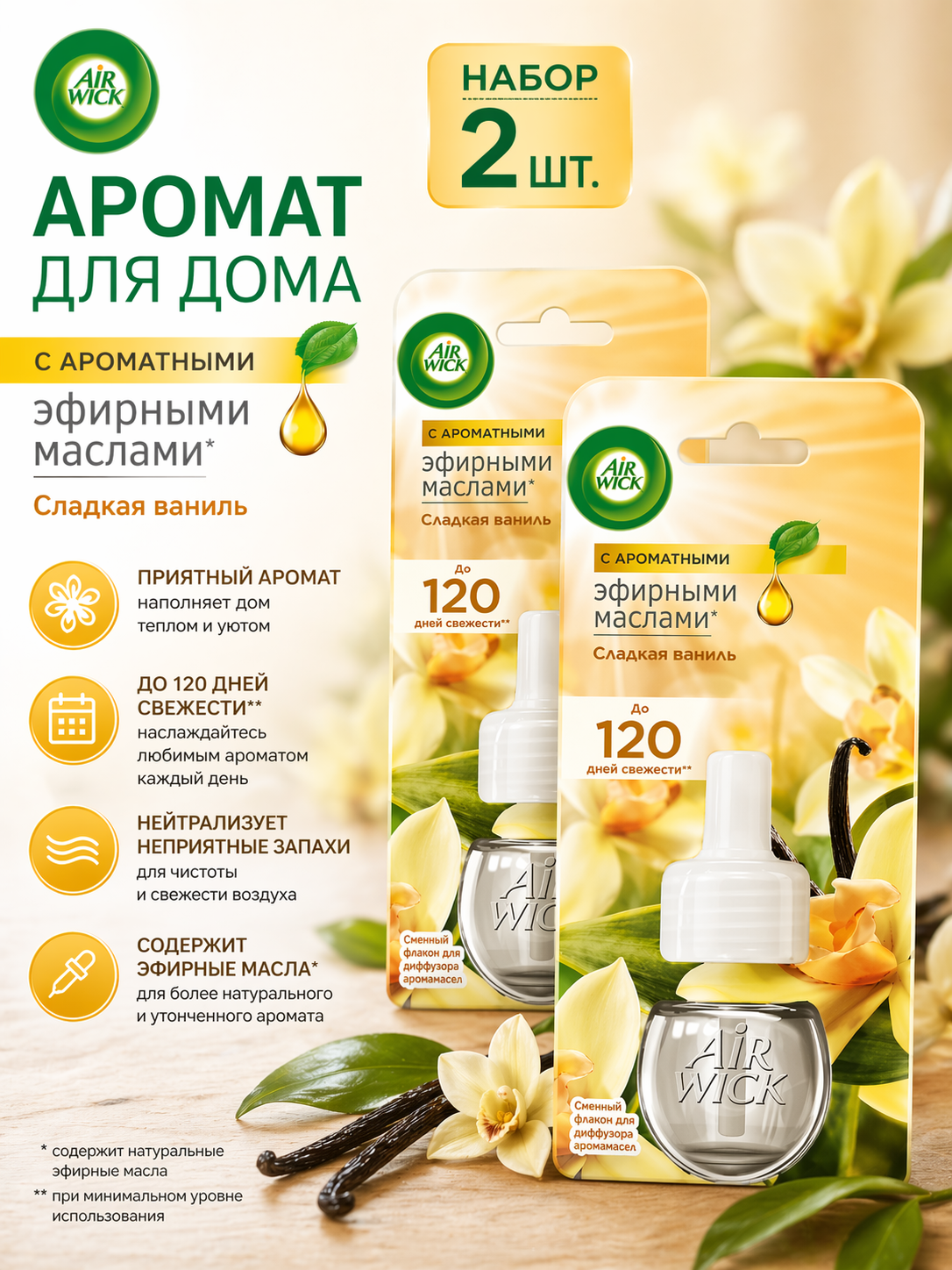 Набор 2 шт Air Wick - Сменный флакон для диффузора аромамасел Сладкая ваниль 19 мл