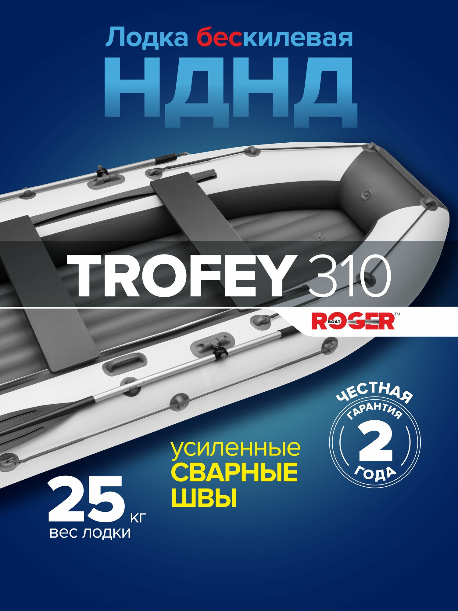 Лодка ПВХ под мотор НДНД ROGER Trofey 310, лодка надувная для рыбалки роджер (белый графит)