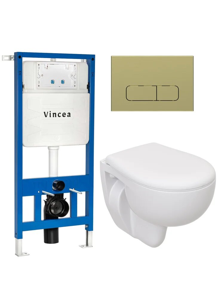 Комплект 4 в 1 Унитаз подвесной Seramiksan Natura A051041H / Сиденье AG50002 / Инсталляция Vincea VIS-601, Кнопка VFP-002BG цвет брашированное золото