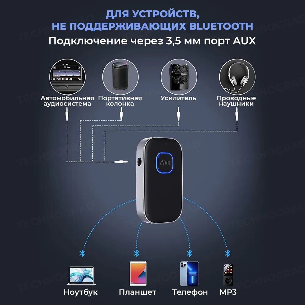 Блютуз адаптер 5.3 AUX для авто с шумоподавлением беспроводной. Bluetooth ресивер для машины с микрофоном.