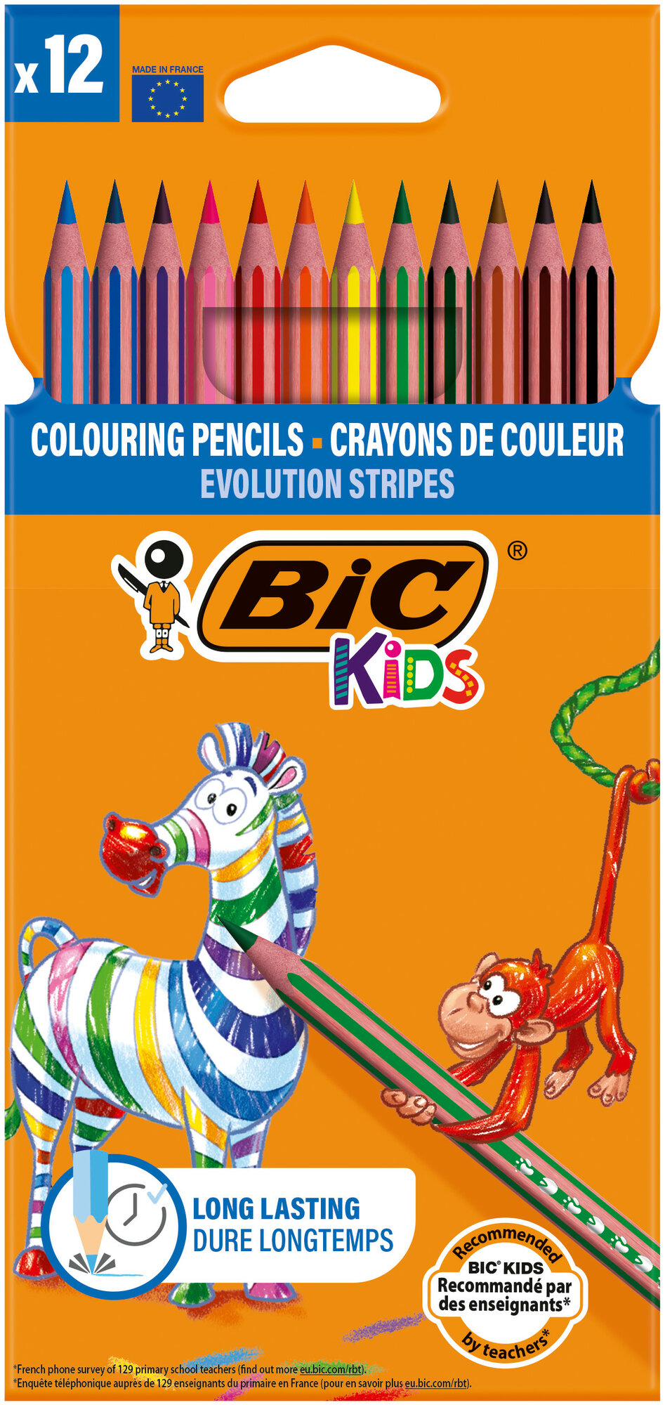 Цветные карандаши, 12 цветов, детские, корпус с полосками, BIC Evolution Stripes, упаковка 12 шт