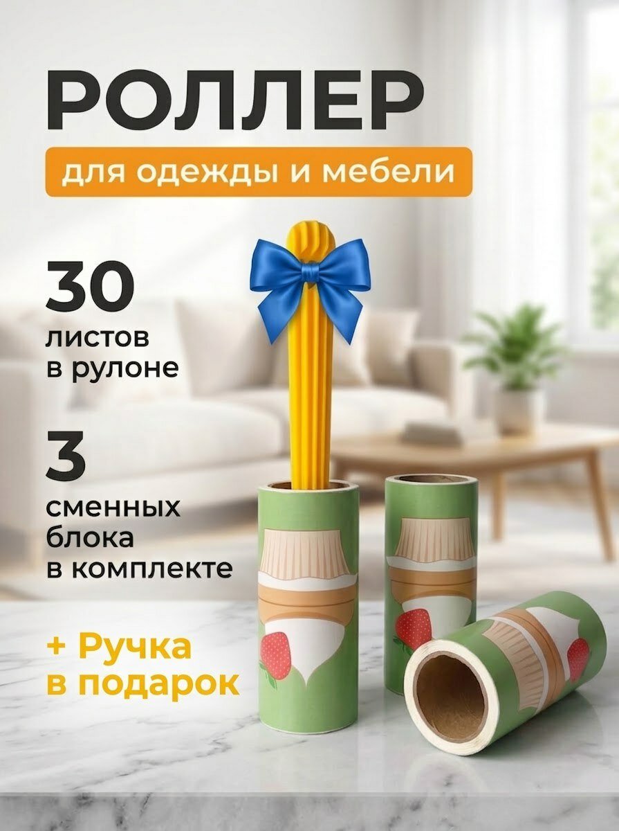 Ролик для чистки одежды и мебели многоразовый 3 блока по 30 листов + ручка, валик для одежды