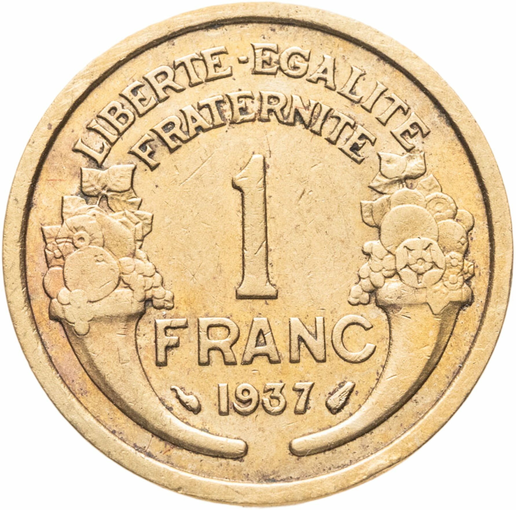 Франция 1 франк franc 1937, Бронза, в сохранности VF