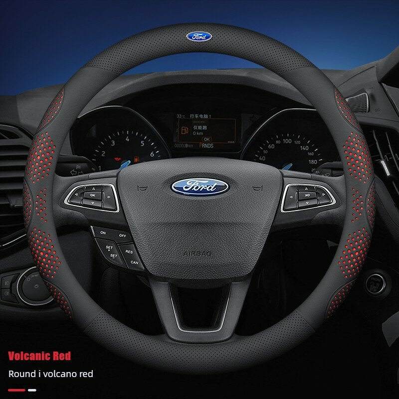 Кожаная перфорированная накладка на руль круглой формы с логотипом Ford, красный цвет Volcano для моделей Ford Focus