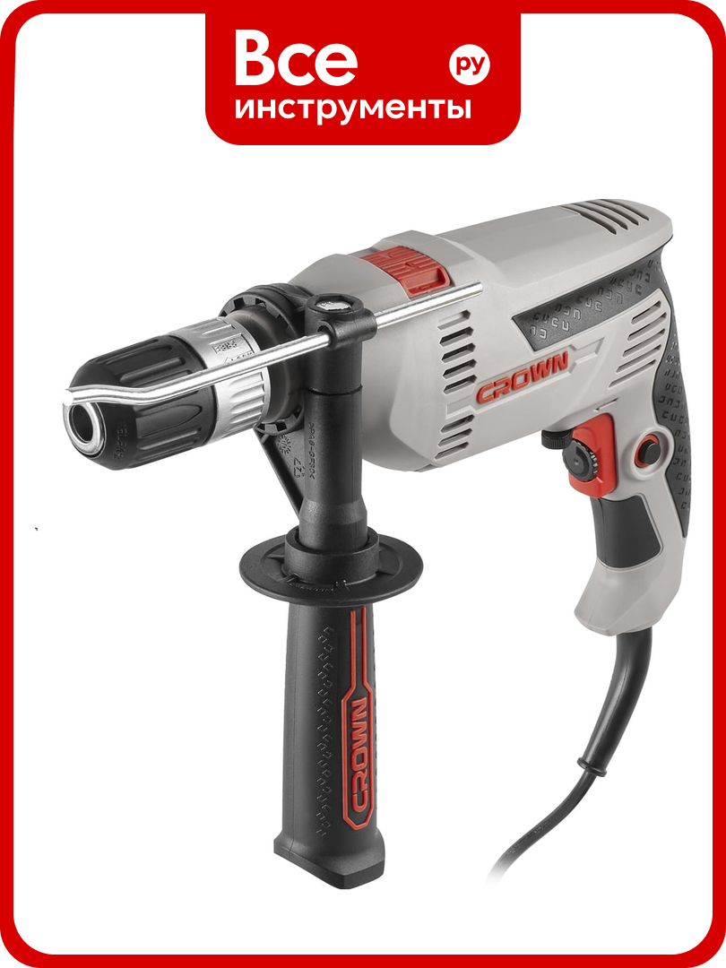 Ударная дрель Crown CT10129C, 13 мм, сталь, с реверсом и ударом, морозоустойчивый кабель, быстрозажимной