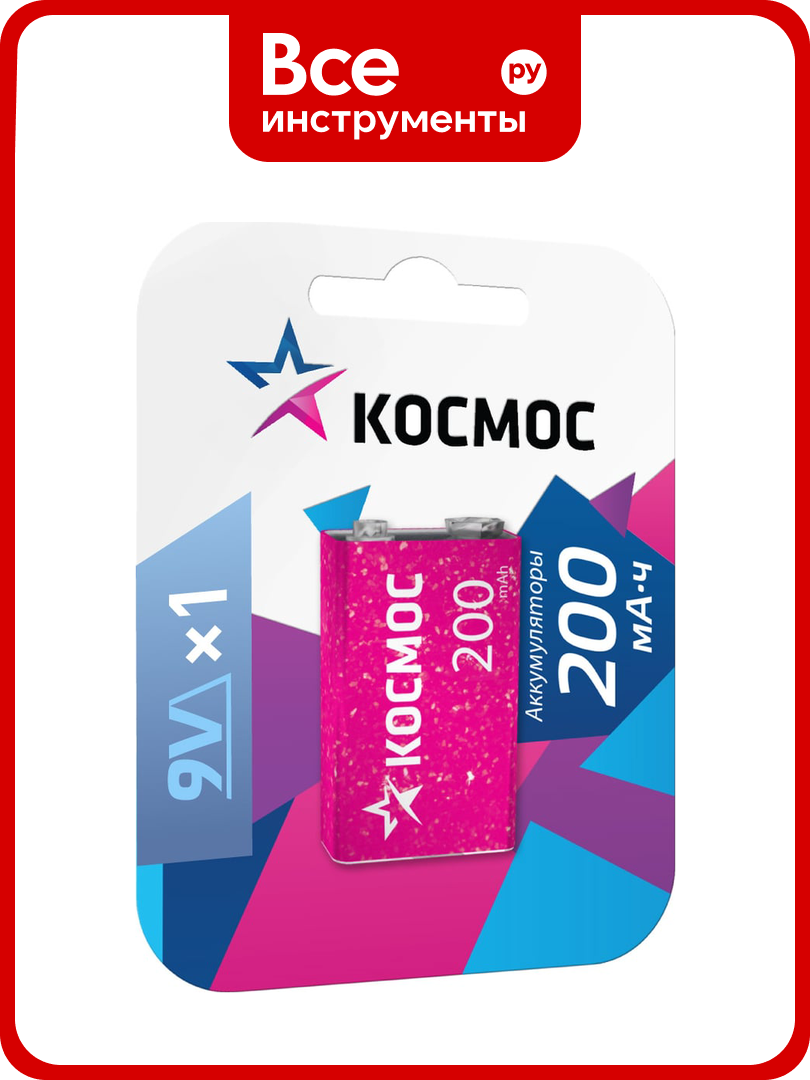 Аккумулятор космос 6F22 NI-MH 200 мАч 1 BL KOCNI-MH6F22, никель‑металлогидридный тип, низкое саморазряд, для электроники