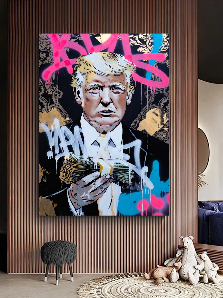Картина на холсте «Дональд Трамп: портрет известного политика с яркими граффити и бокалом» в оформлении стены, 50×70 см
