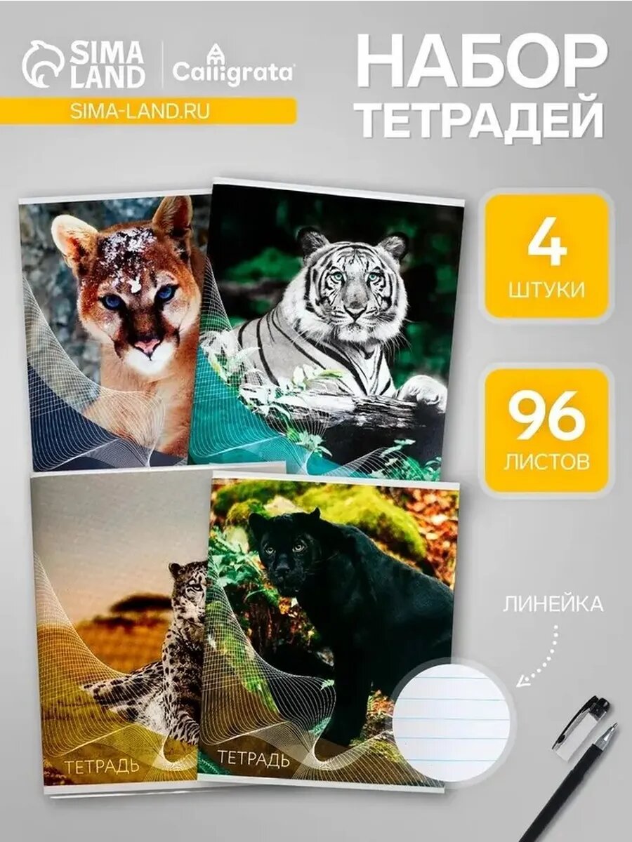 Набор тетрадей с дикими кошками, 4 шт.