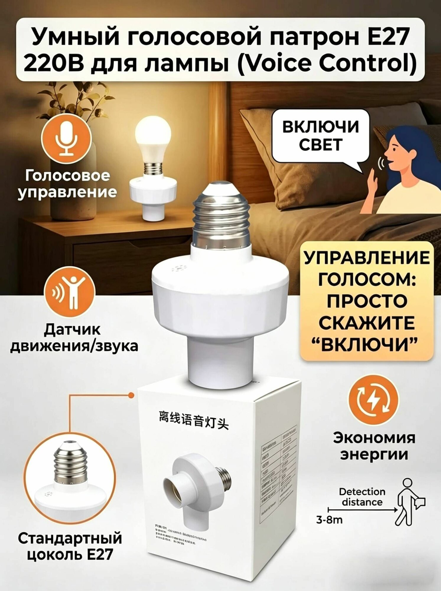 Умный патрон с датчиком движения, ИК и радиолокационное обнаружение, автоматическое включение света, регулируемый цоколь E27