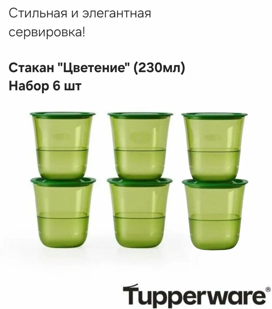 Набор стаканы "Цветение" Tupperware 6 шт (230 мл) зеленые, прозрачные как стекло