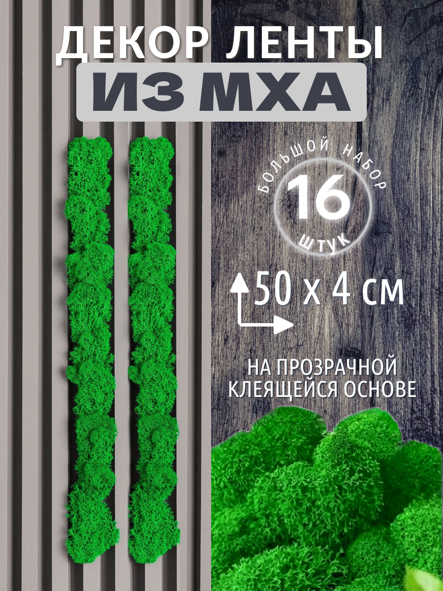 Лента из мха "Botania Line", самоклеящаяся, из ягеля, 50x4 см, 16 шт, зеленая