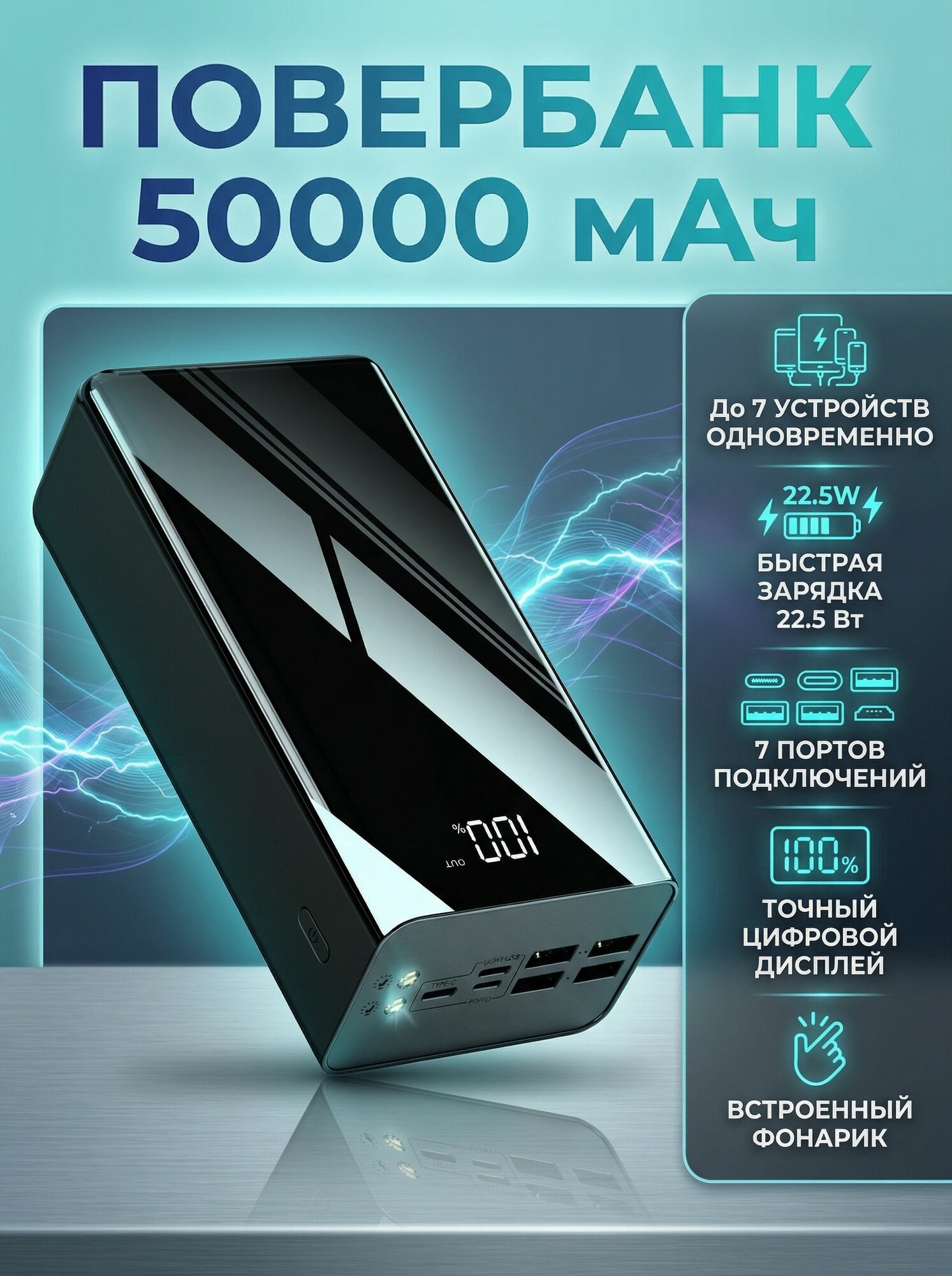 Повербанк 50000mah; Powerbank c быстрой зарядкой 22,5Вт; Внешний аккумулятор 50000mah