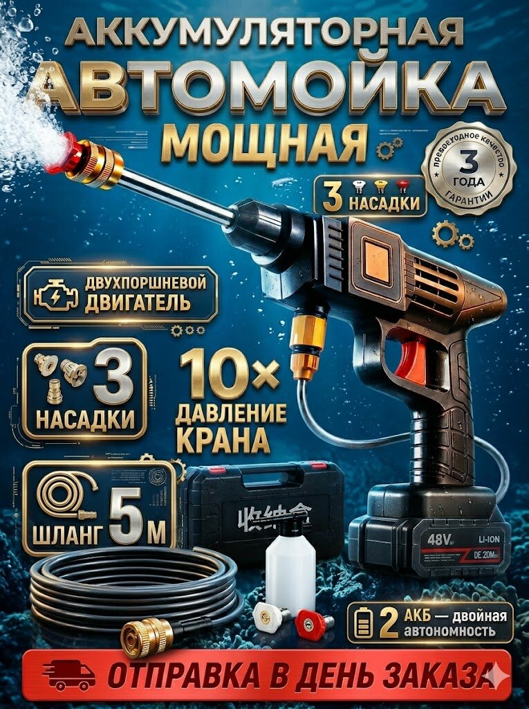 Мойка высокого давления аккумуляторная для автомобиля, Автомойка, в кейсе 2 аккумулятора, 3 насадки