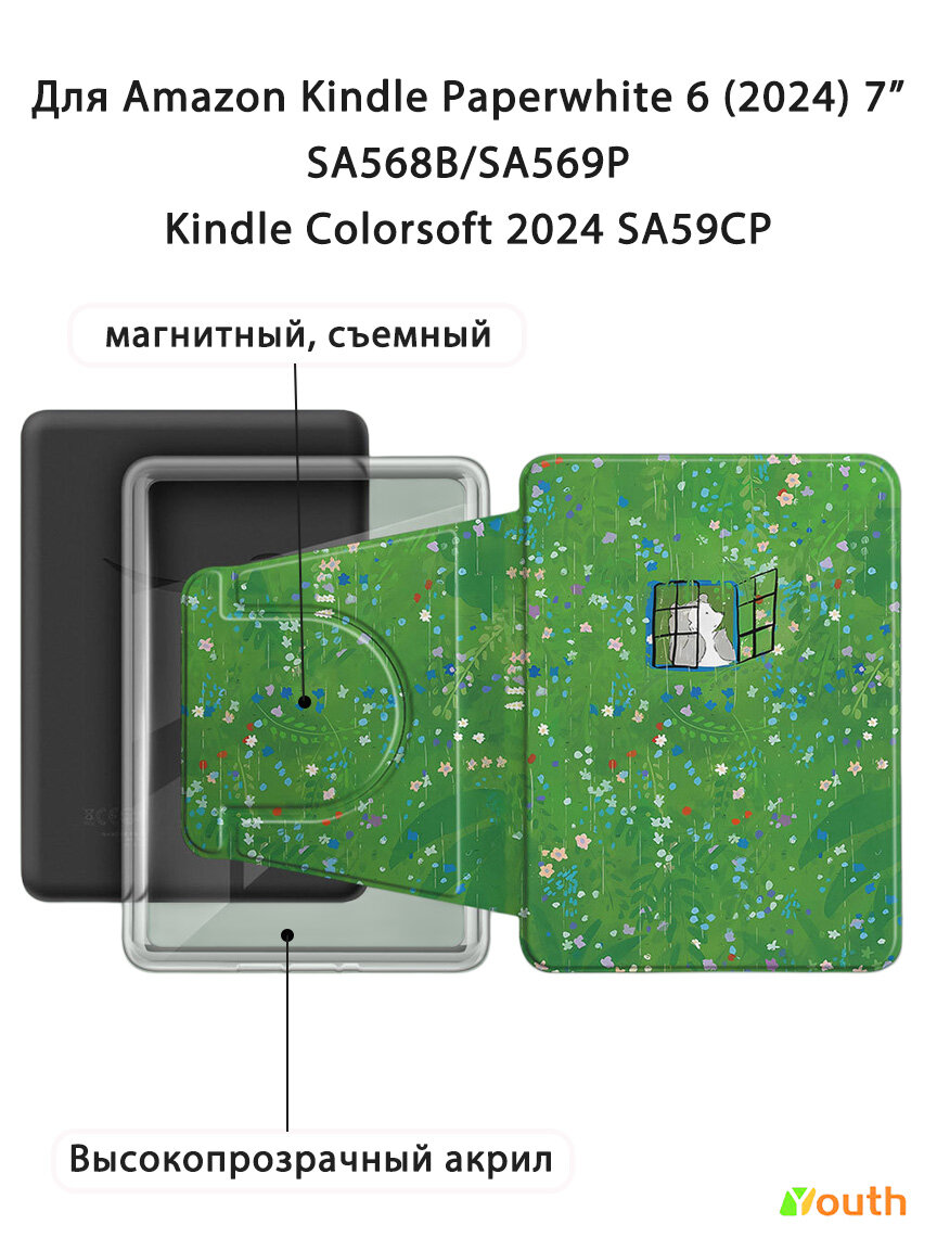 Чехол для Amazon Kindle Paperwhite 12 Gen (7", 2024)/Kindle Colorsoft (7", 2024), SA568B/SA569P/SA59CP, с магнитным разделением, Защитный чехол с ремешком для рук