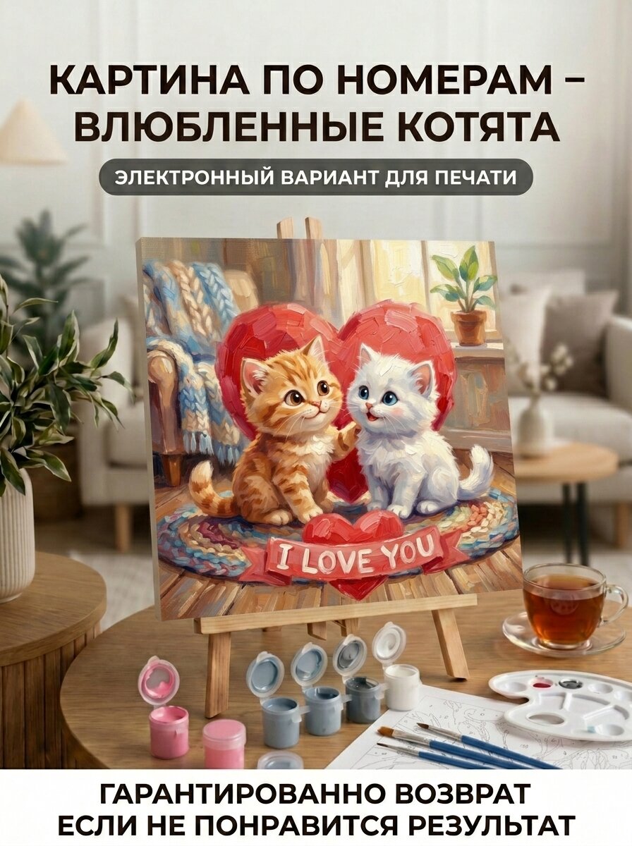 Картина по номерам "Влюбленные котята", на холсте, PDF-инструкция