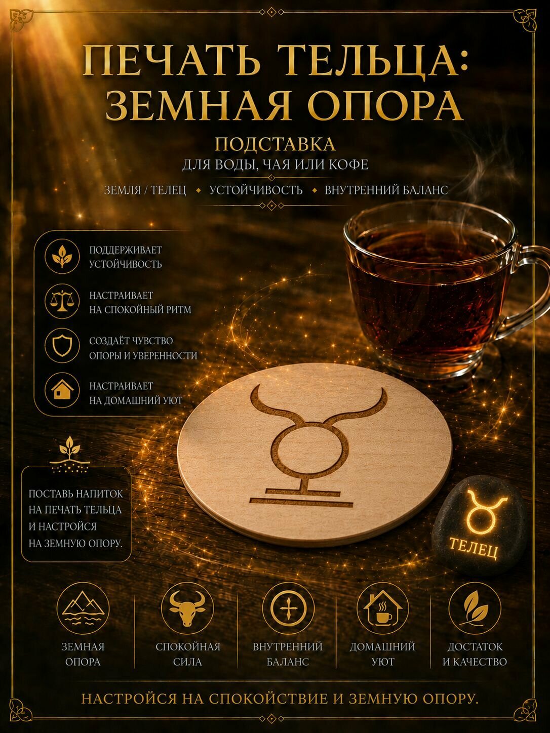Подставка активатор Тельца "Земная Опора" под кружку, зодиакальная печать-амулет стихии Земли, ритуал на стабильность, опору и достаток