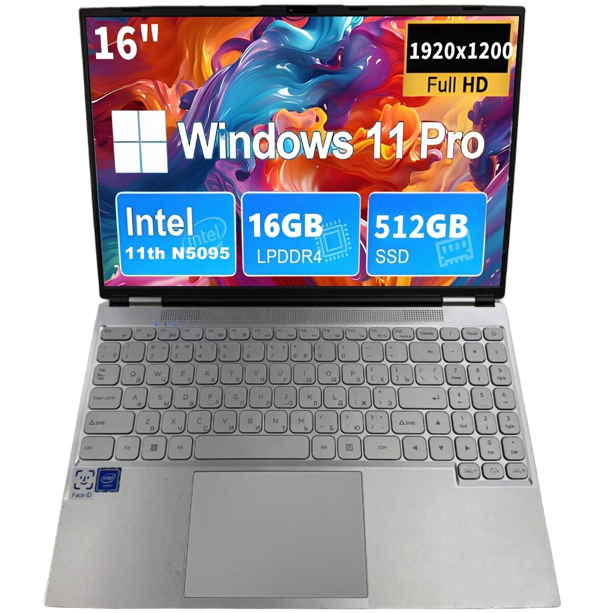 JNMD распознавание лиц Ноутбук Intel 12th N5095 16 ГБ SSD 512 ГБ 1920×1200 16" Windows 11 серебристая русская клавиатура