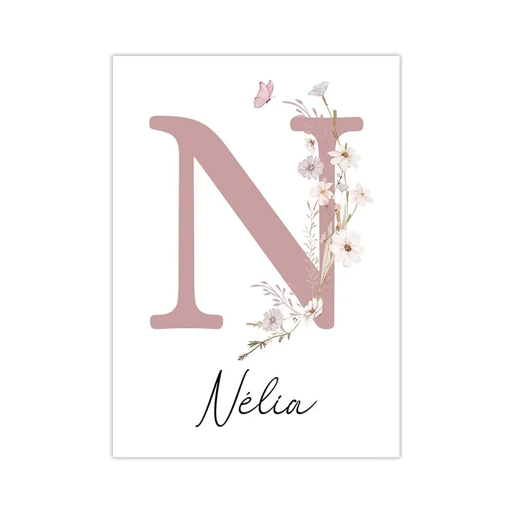 Постер с именем Nélia, буква N, цветы, 50x70 см, без рамки, c2689-name