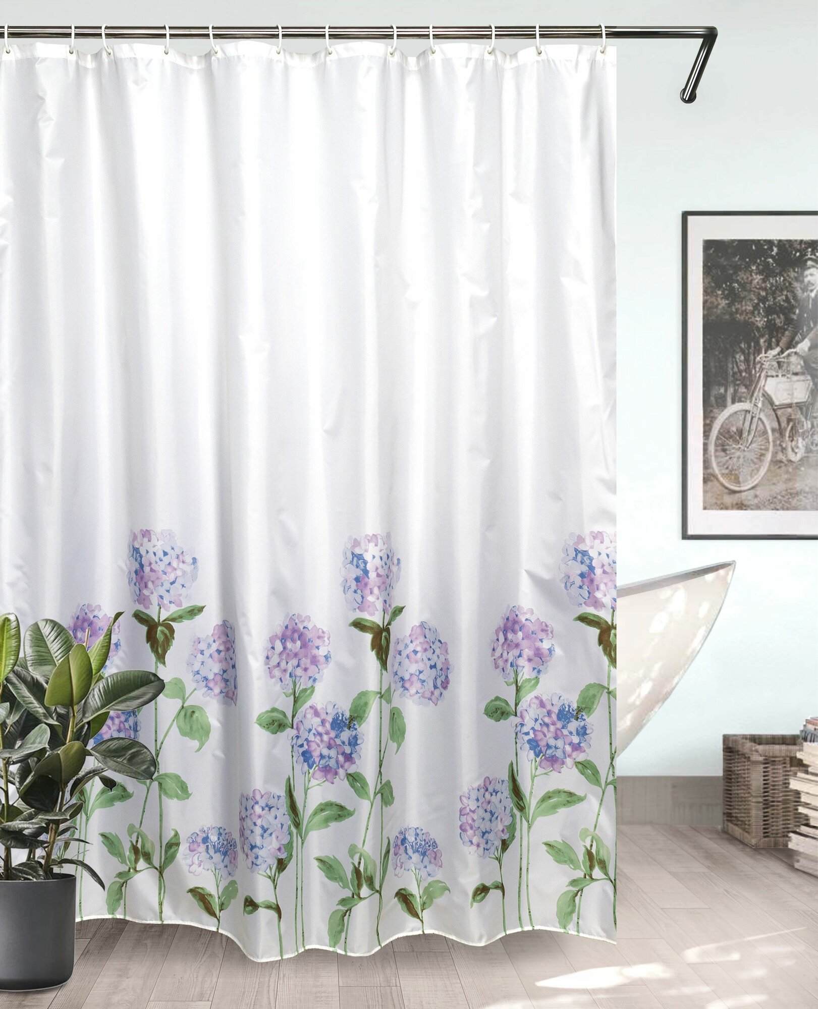 Штора занавеска для ванной BATH PLUS 180*200 тканевая&не промокаемая Hydrangea (Гортензия)
