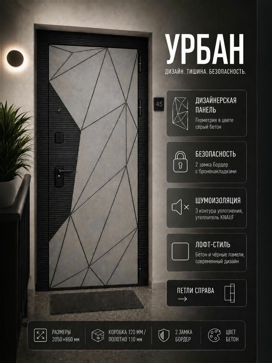 Входная дверь металлическая для квартиры Урбан 2050*860 Правая, толщина полотна 100