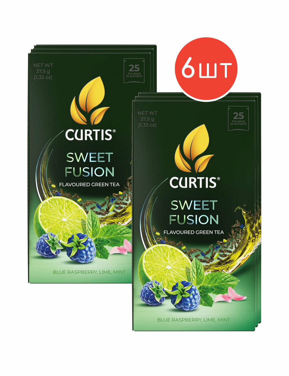 Чай зеленый CURTIS "Sweet Fusion"c лаймом синей малиной и мятой 6 упаковок по 25 пак