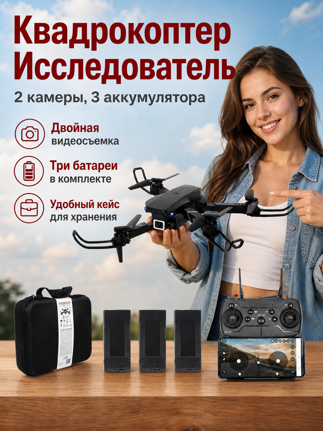 Квадрокоптер Властелин небес "Исследователь", складной, с камерами, Wi-Fi