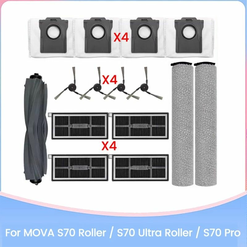Набор 15PCS для MOVA S70 Roller/ S70 Ultra Roller /S70 Pro: главная щётка, 4 боковые щётки, 4 фильтра, 4 мешка для пыли, 2 мопа. запасные части для робота-пылесоса комплект аксессуаров сменные фильтры и щетки