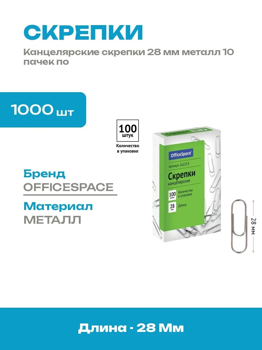 Скрепки 28 мм 10 упаковок канцелярские для бумаг и офиса