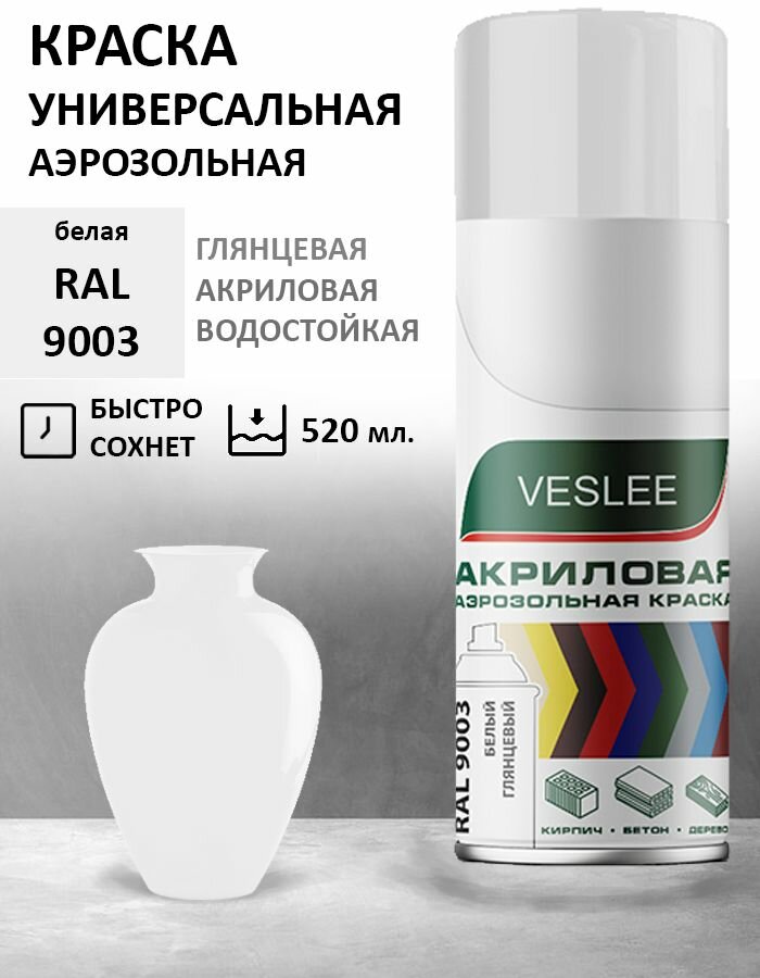 Краска аэрозольная в баллончике эмаль акриловая белая глянцевая