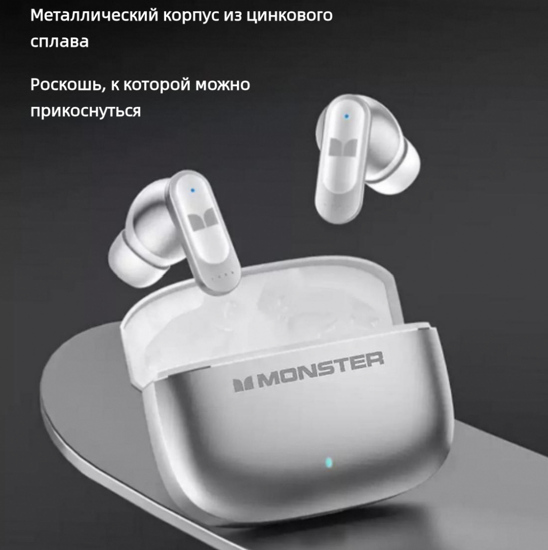 Наушники с AI переводом Monster GT34 TWS ANC+ENC шумоподавление Bluetooth 5.4 , Silver