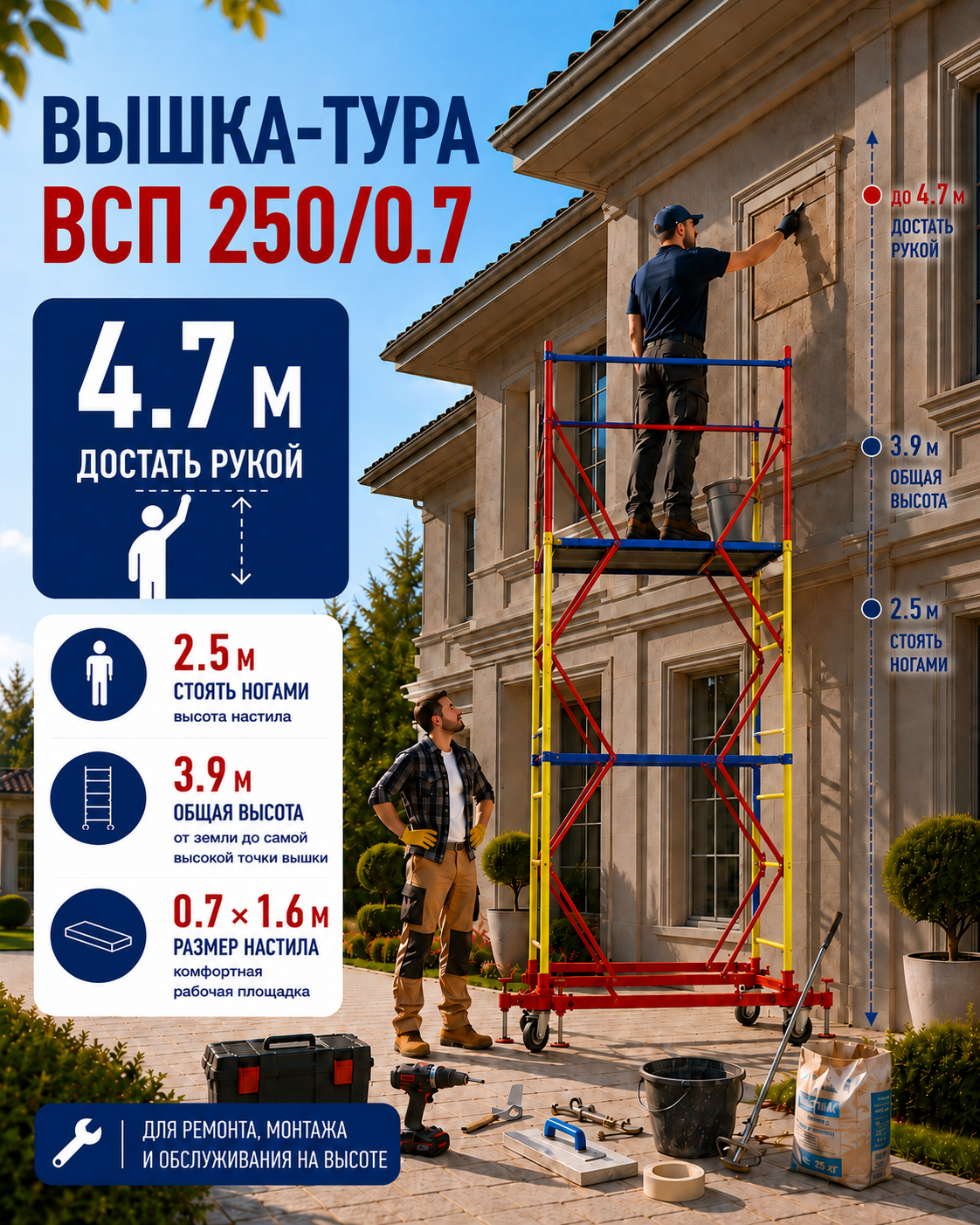Вышка-тура ВСП - 250/0.7 Высота - 3.9 м, с настилами и колесами