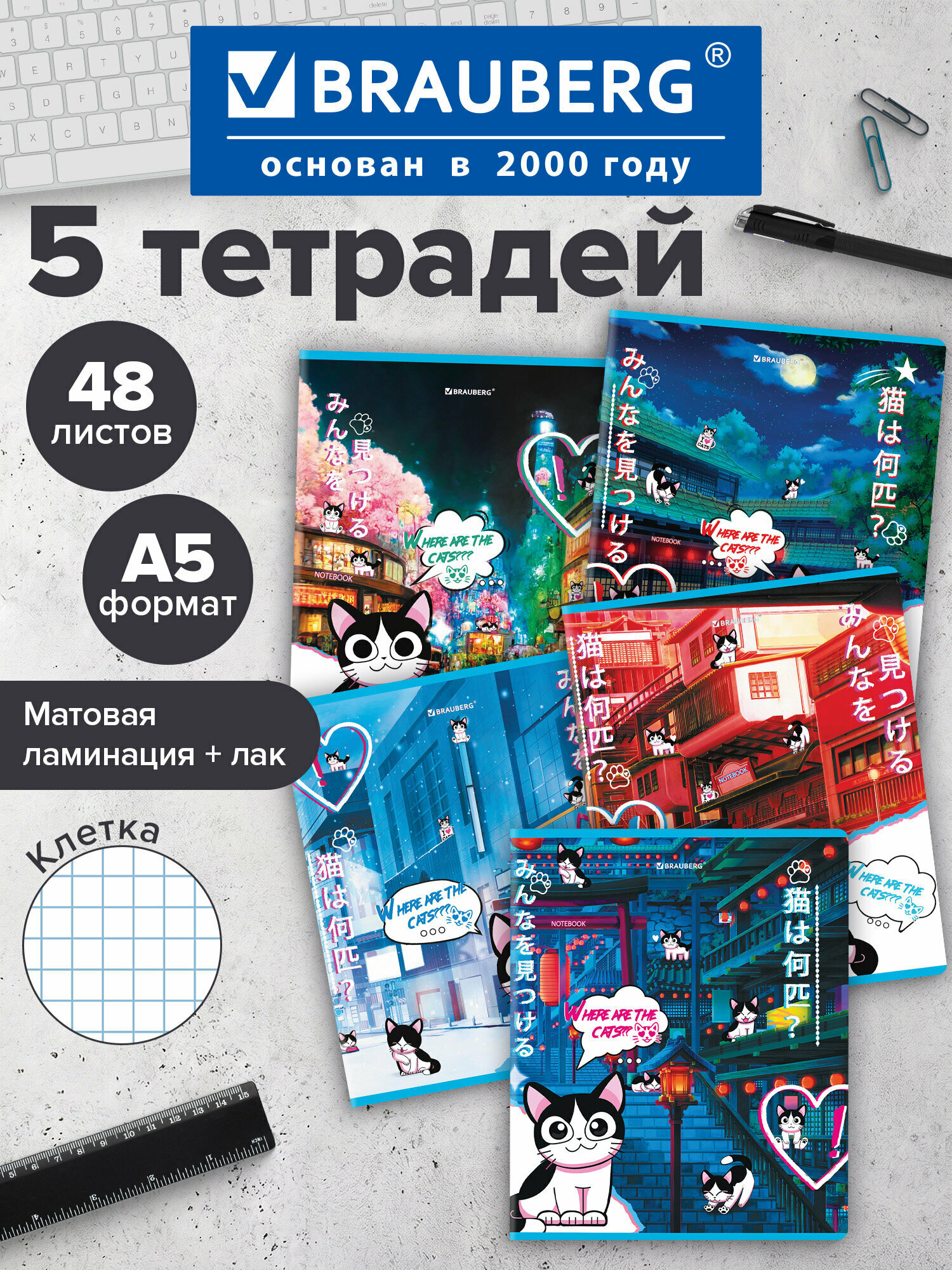 Тетрадь 48 листов в клетку для школы и записей набор 5 штук А5 Brauberg, скоба, матовая ламинация, лак, Аниме Кот, 404671