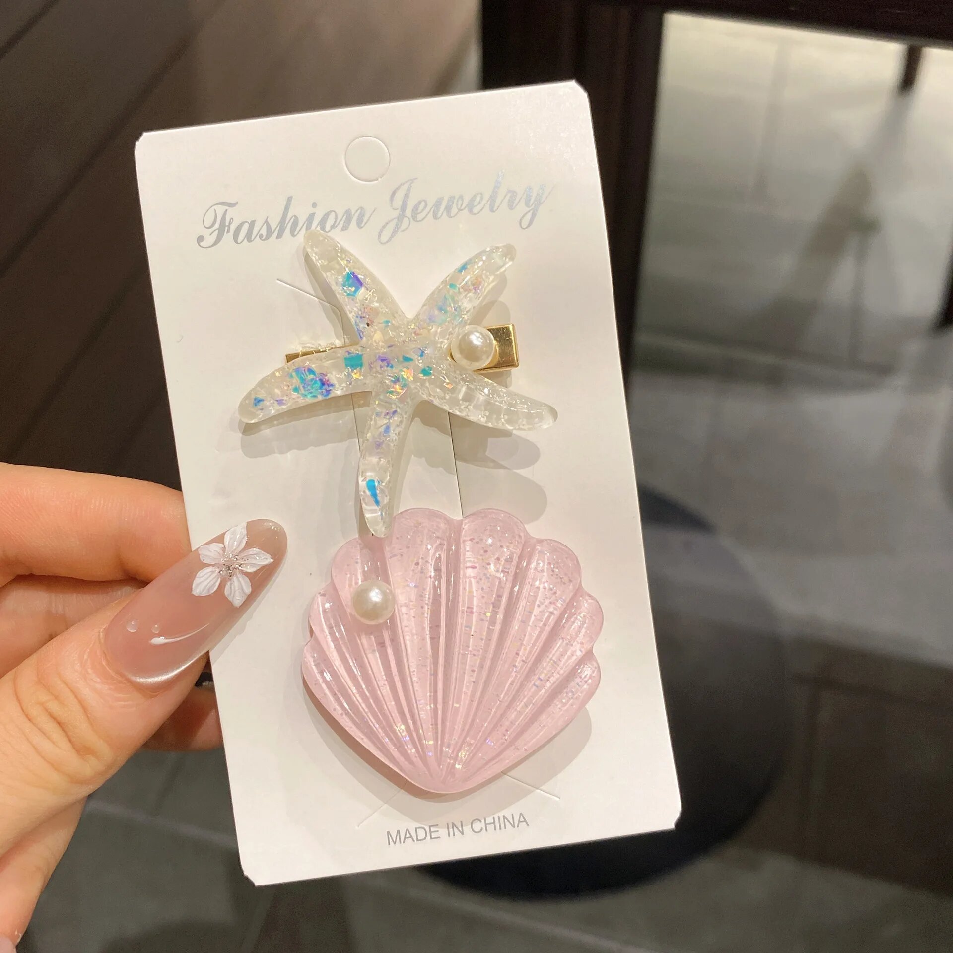 Заколки для волос из пластика в форме ракушек и звезд Pink white set