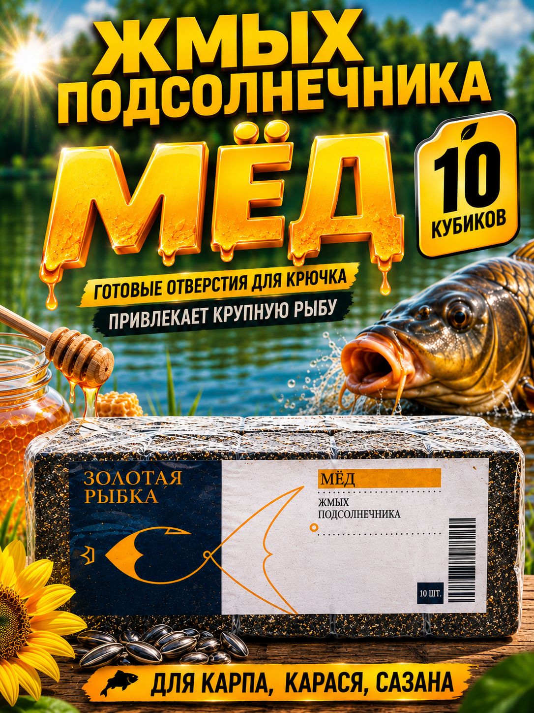Жмых подсолнечника Мёд 10 кубиков с отверстиями для крючка, макуха для макушатника, прикормка на карпа, карася и сазана